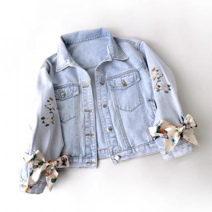 Embroidered Denim Jacket, Loose, Versatile, Floral Bow Long Sleeve ...