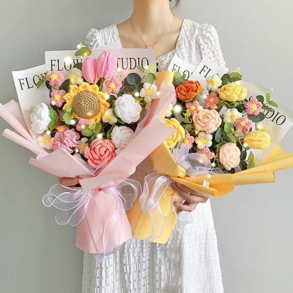 Bouquet Flower With Portable Paper Bag Finished Hand Knitted Flower ...