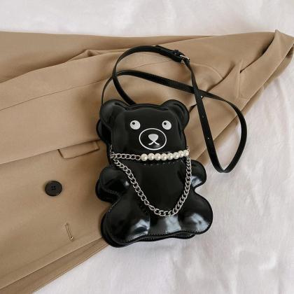 Cute Metallic Bear-shaped Crossbody Bag With Pearl Strap on Luulla