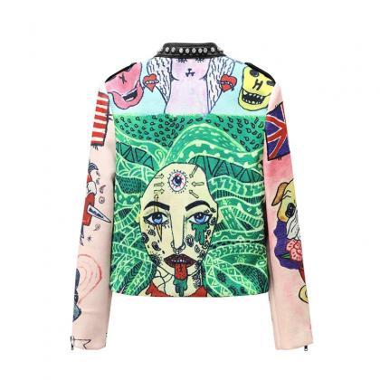 Colorful Graphic Leather Jacket With Belted Design on Luulla