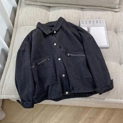 Oversized Black Denim Jacket With Front Pockets on Luulla