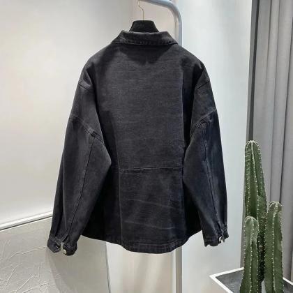 Oversized Black Denim Jacket With Front Pockets on Luulla