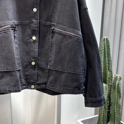 Oversized Black Denim Jacket With Front Pockets on Luulla