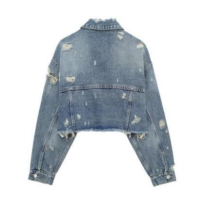 Distressed Cropped Denim Jacket With Frayed Hem on Luulla