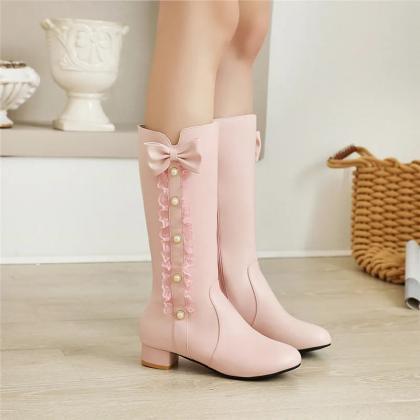 Pink Knee-high Boots With Bow And Pearls on Luulla
