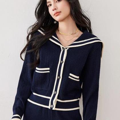 Navy Ribbed Knit Cardigan With Sailor Collar on Luulla