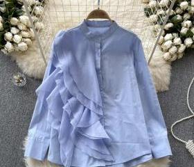 Elegant Light Blue Ruffled Button-up Blouse on Luulla
