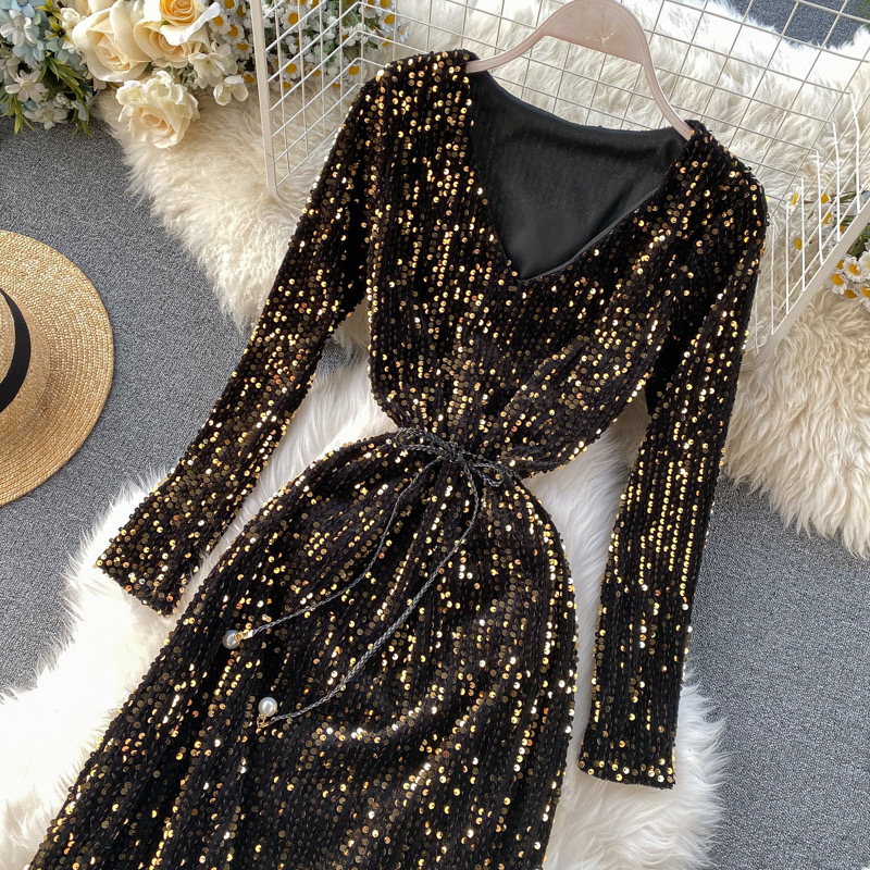 Shiny Sequin Gown, V-neck Long Sleeve Sexy Dress on Luulla
