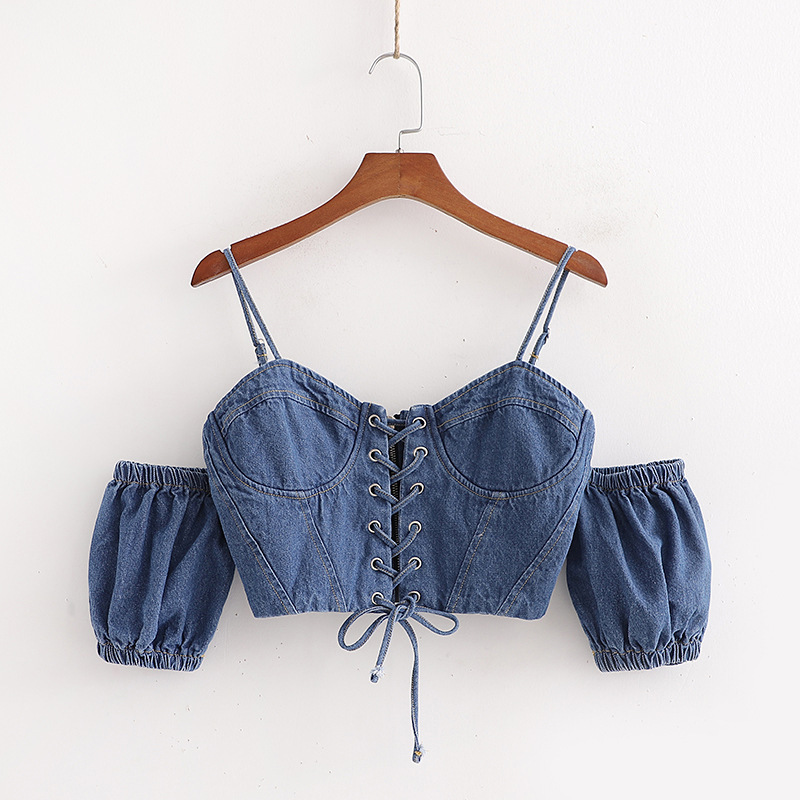 Summer, Tie Up Denim Wrap,off Shouder Top on Luulla