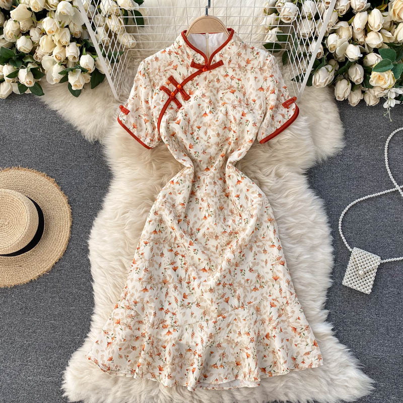 Vintage, Improved Cheongsam, Contrasting Colors With Edge Collar, Short ...