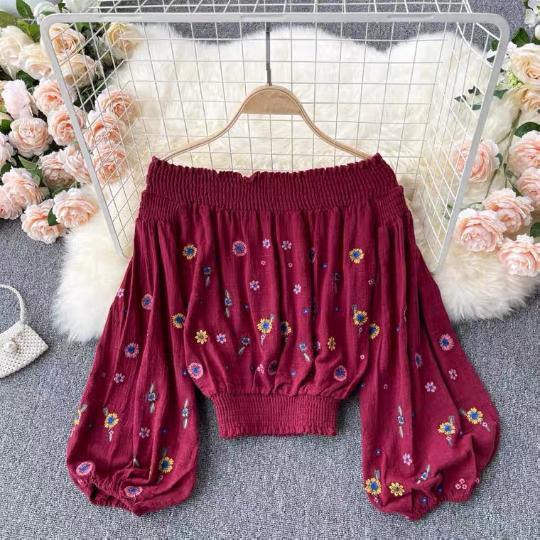 Ethnic Style, Heavy Embroidery Flowers, Elastic,off Shoulder,bubble ...