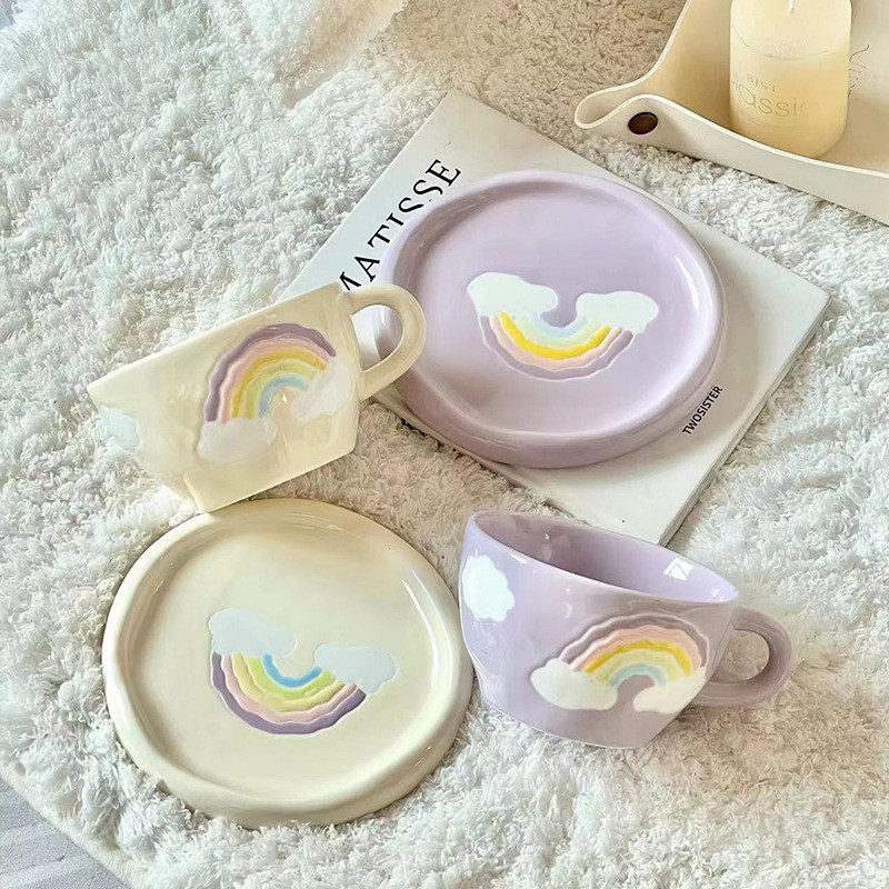 Cute Ceramic Mug For Coffee With Tray Saucer Hand Painted Rainbow ...