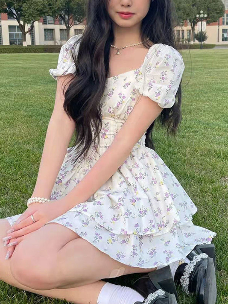Floral Dress Women Summer Sweet Short Sleeve Mini Dress Elegant Square ...