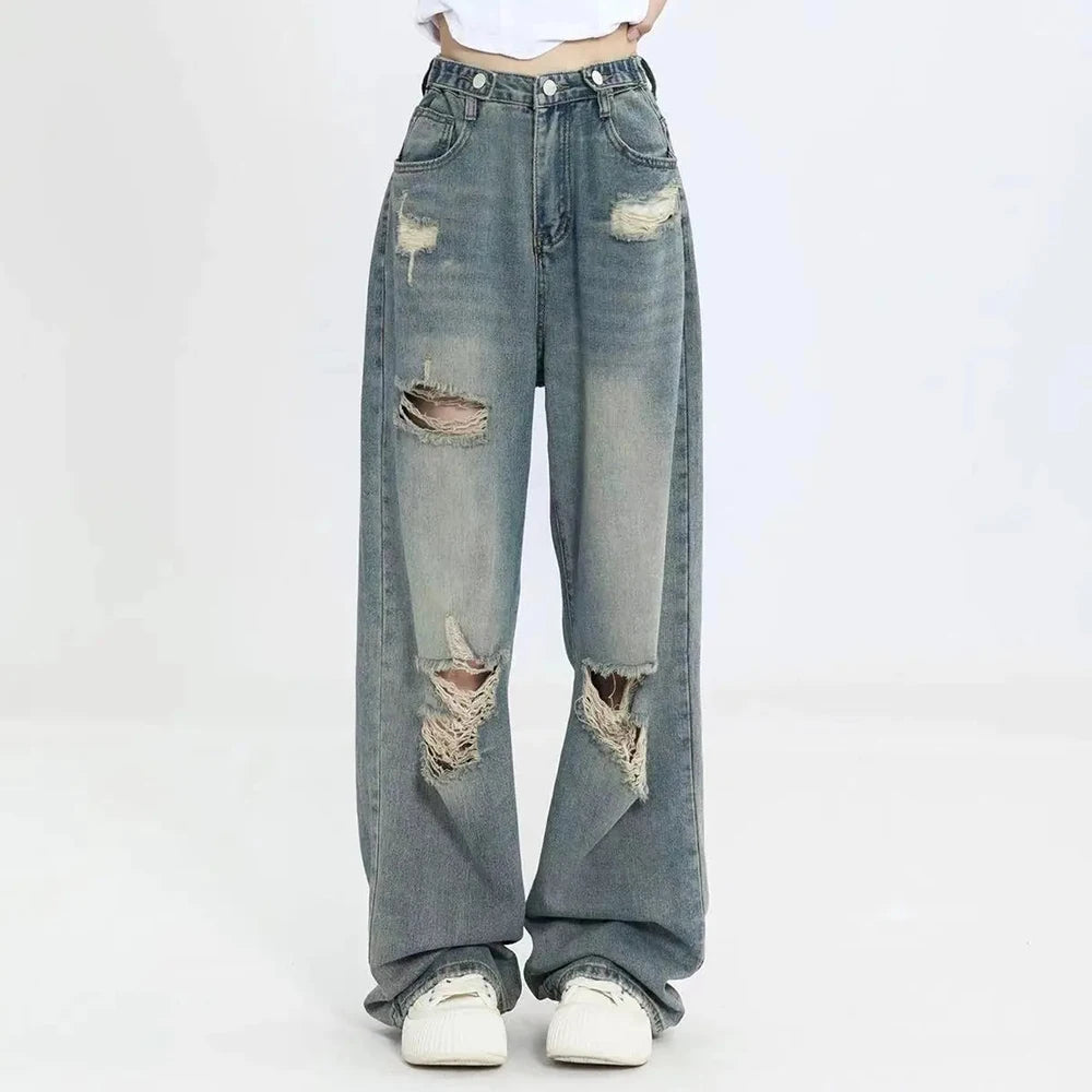 Distressed Wide-leg High-rise Womens Denim Jeans on Luulla