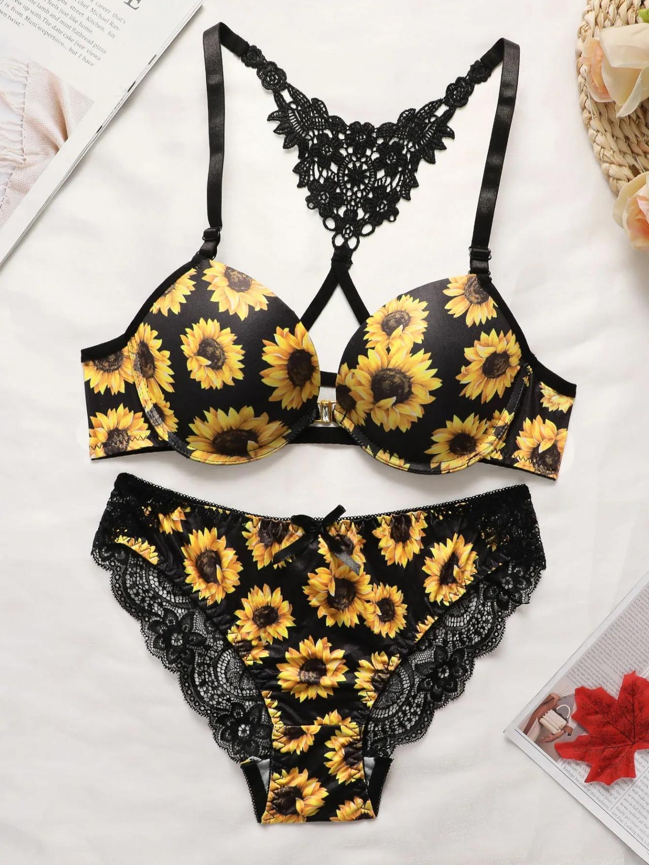Sunflower Print Lace Bra And Panty Set on Luulla