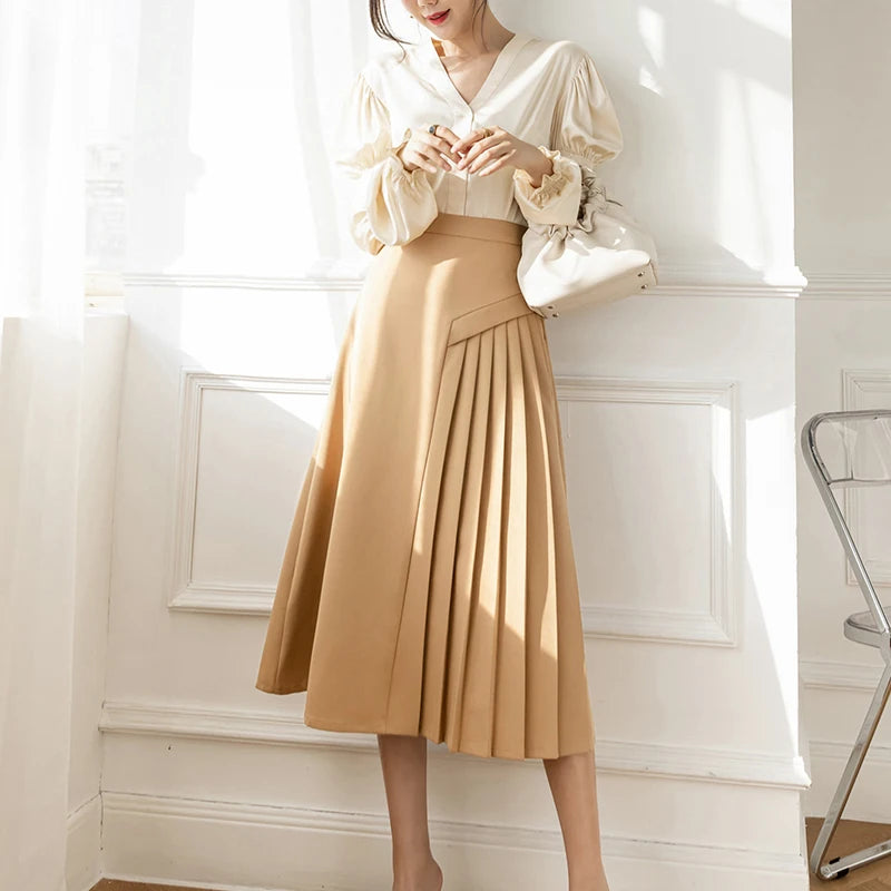 Elegant Beige High-waist Pleated Midi Skirt on Luulla