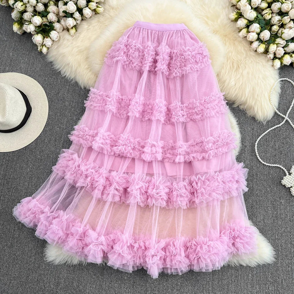 Pink Layered Ruffle Tulle Skirt For Women on Luulla