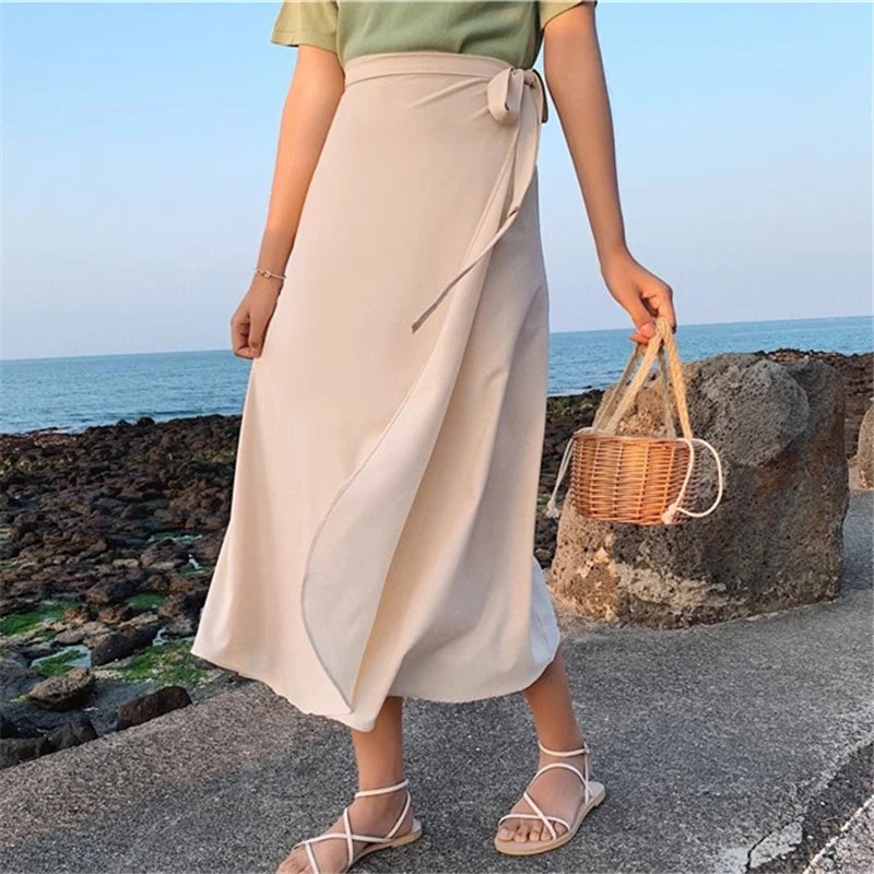 Elegant High Waist Wrap Maxi Skirt Beige on Luulla