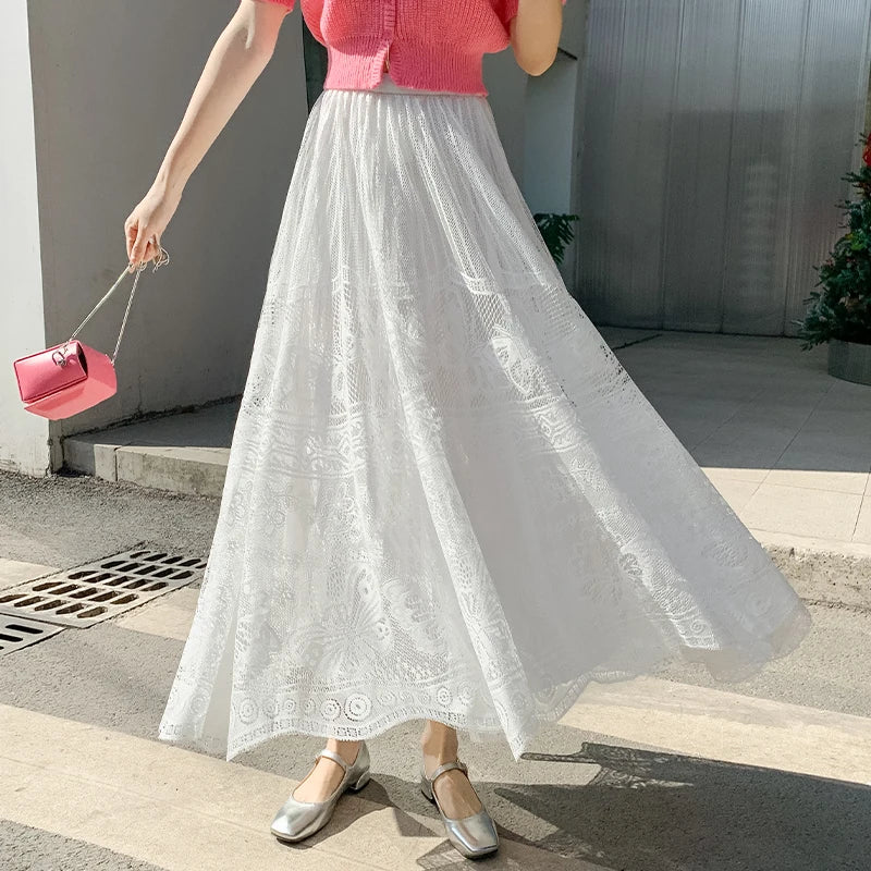 Elegant White Lace Maxi Skirt For Women on Luulla