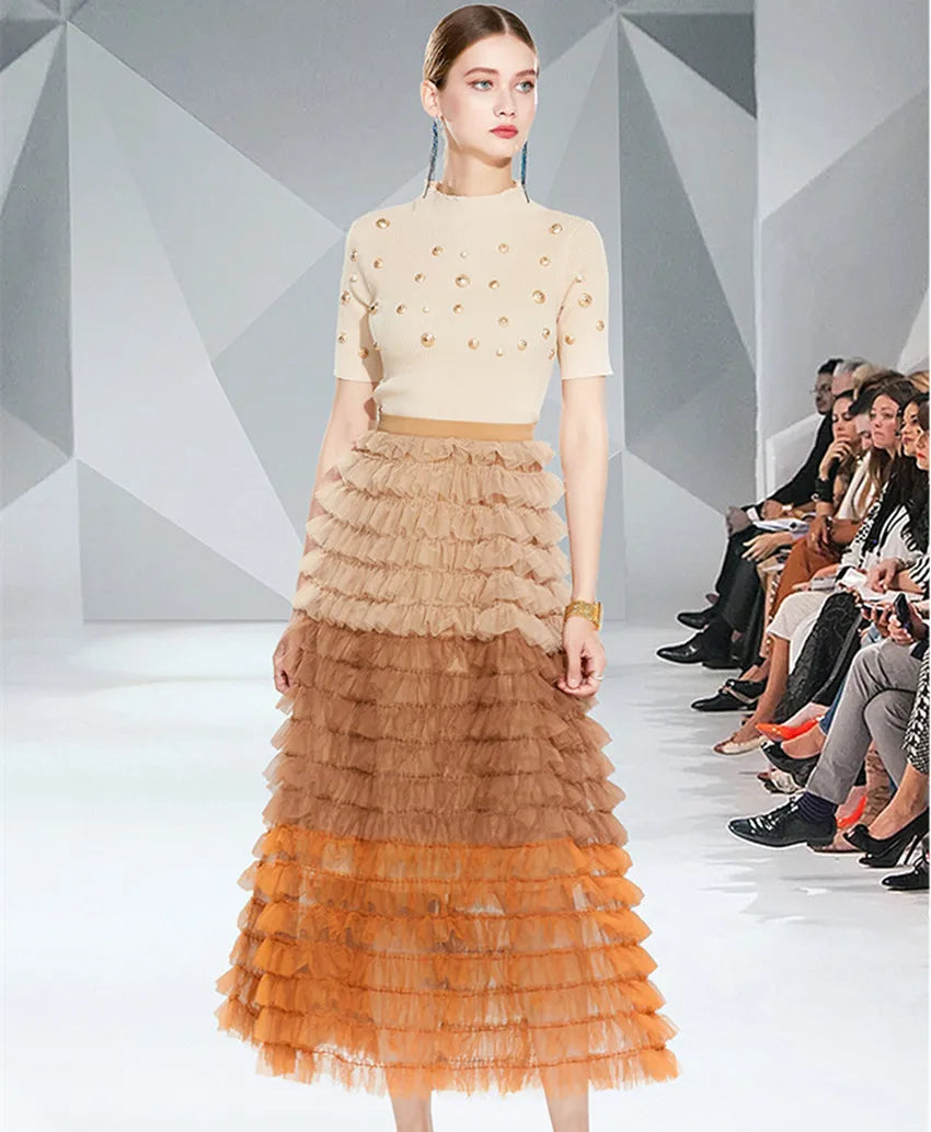 Orange Top And Multi-layered Ruffle Skirt Set on Luulla