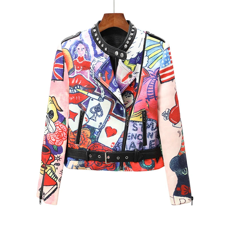 Colorful Graphic Leather Jacket With Belted Design on Luulla