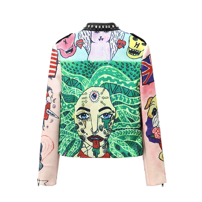 Colorful Graphic Leather Jacket With Belted Design on Luulla