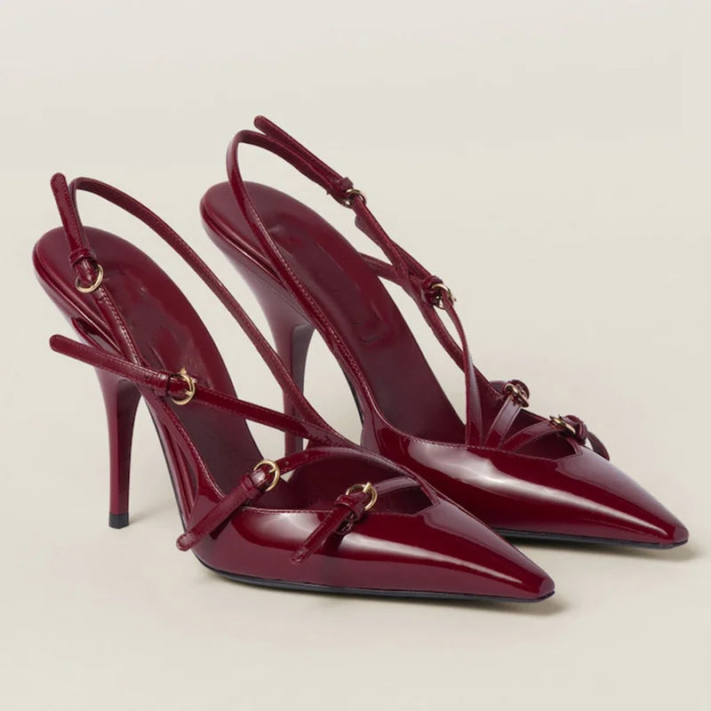 Burgundy Patent Leather Strappy High Heel Pumps on Luulla