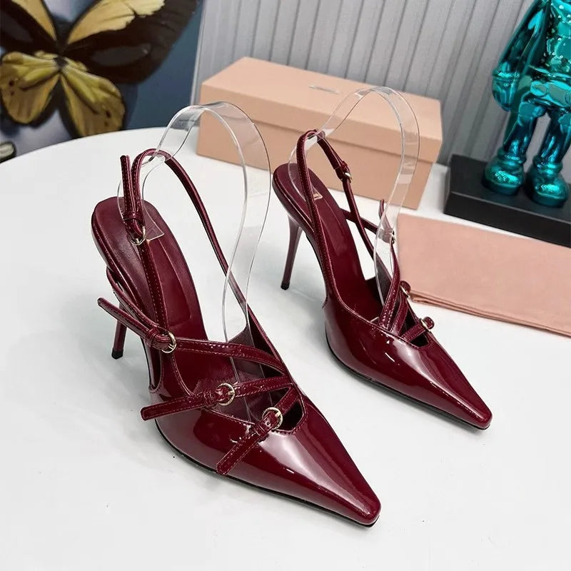 Burgundy Patent Leather Strappy High Heel Pumps on Luulla