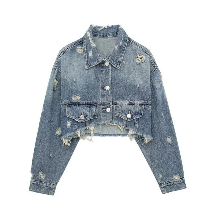 Distressed Cropped Denim Jacket With Frayed Hem on Luulla