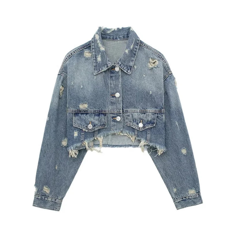 Distressed Cropped Denim Jacket With Frayed Hem on Luulla