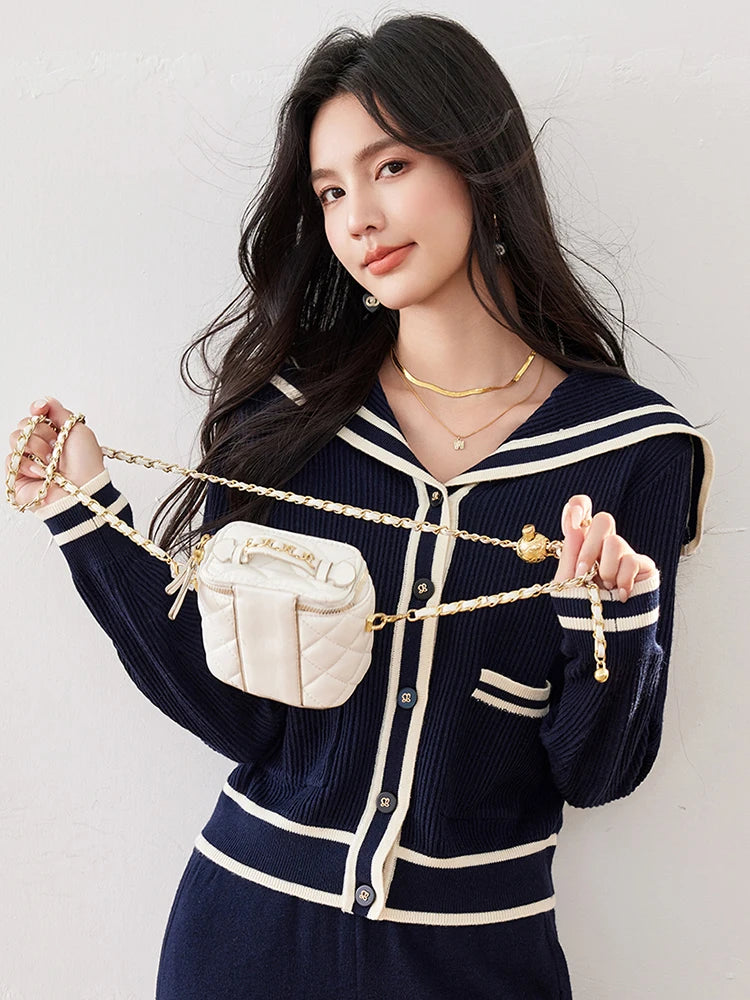 Navy Ribbed Knit Cardigan With Sailor Collar on Luulla