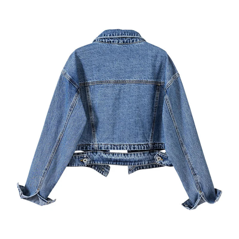 Black Cropped Denim Jacket With Rolled Sleeves on Luulla