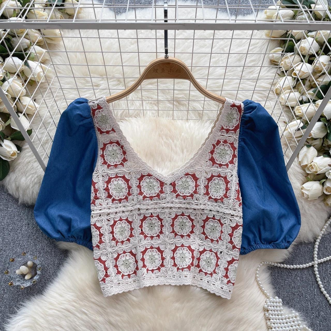 Vintage Crochet Top With Puff Sleeves Design on Luulla