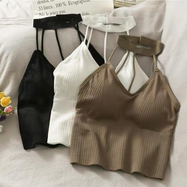Halter Neck, Vertical Stripe Non-steel Bra, Solid Color, All-match ...
