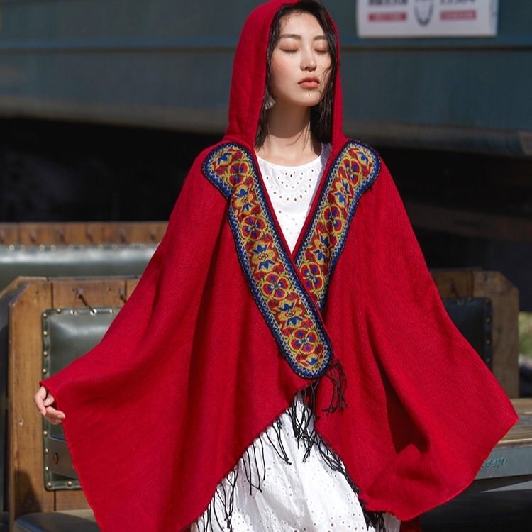 Red Shawl, Ethnic Style Hoodie, Thickened, Cape For Vacation on Luulla