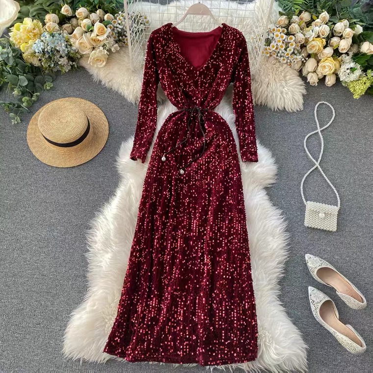Shiny Sequin Gown, V-neck Long Sleeve Sexy Dress on Luulla