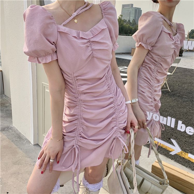 Square Neck, Diagonal Belt Draw Ruffled Dress on Luulla