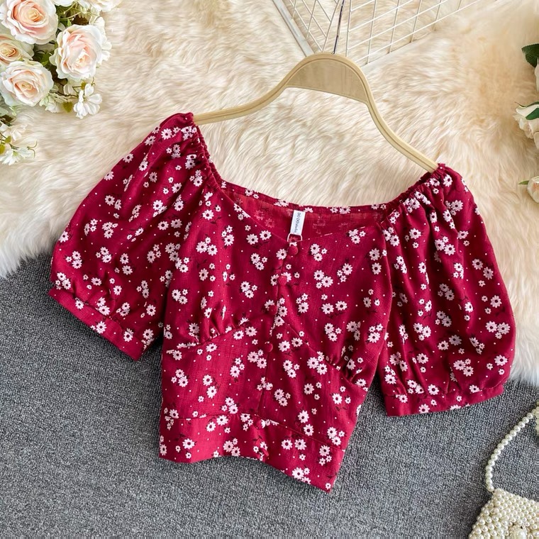 Vintage Floral Top, Short Sleeves Printed Short Collarbone Shirt on Luulla