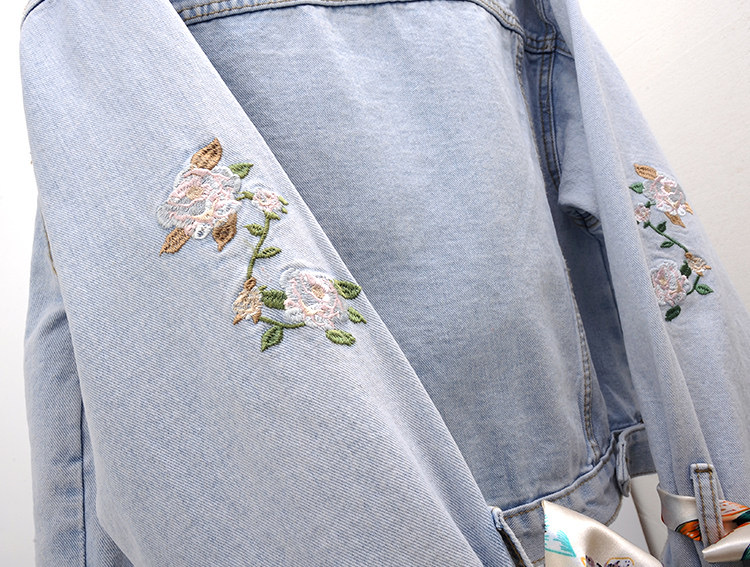 Embroidered Denim Jacket, Loose, Versatile, Floral Bow Long Sleeve ...