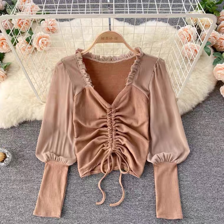 Square Collar, Exposed Collarbone, Class Shirt, Pleated Lace-up Fashion ...