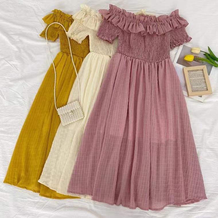 Summer, Sweet, Versatile, Off-the-shoulder Cute Dress , Ear Edge ...