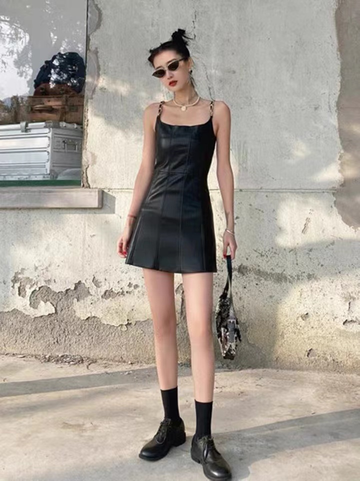 Black Pu Leather Dress, Temperament, Senior Sense, Short Black Dress ...