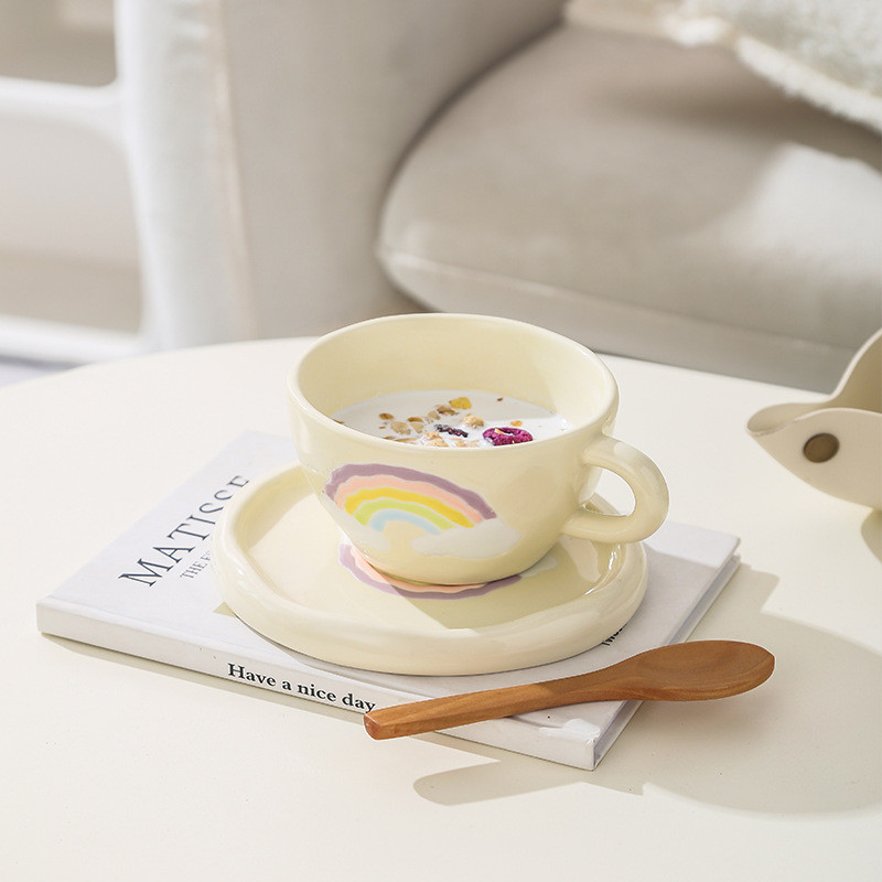 Cute Ceramic Mug For Coffee With Tray Saucer Hand Painted Rainbow ...