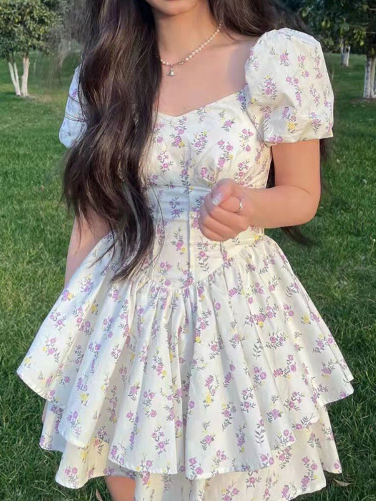Floral Dress Women Summer Sweet Short Sleeve Mini Dress Elegant Square ...