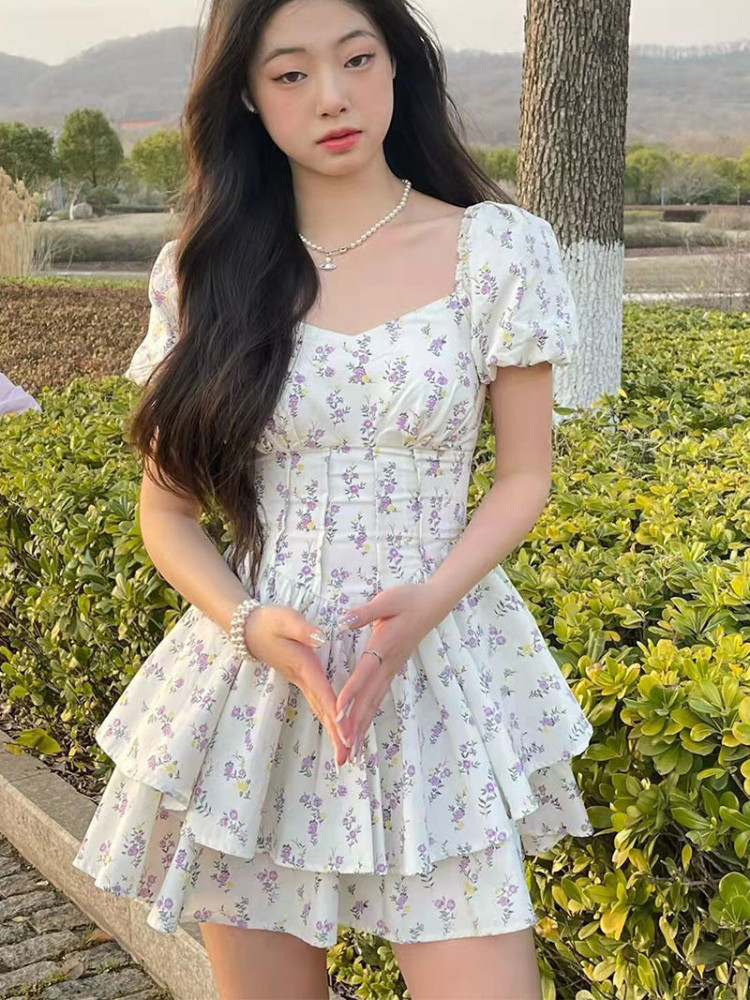 Floral Dress Women Summer Sweet Short Sleeve Mini Dress Elegant Square ...