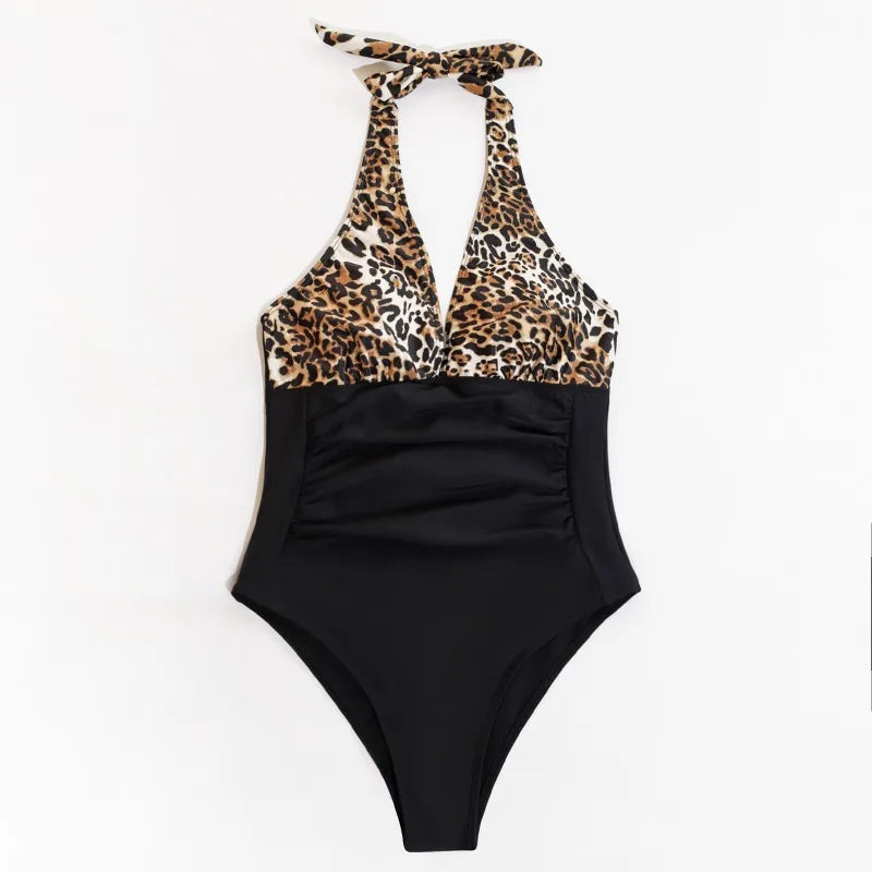 Womens High Neck Halter One-piece Leopard Swimsuit on Luulla