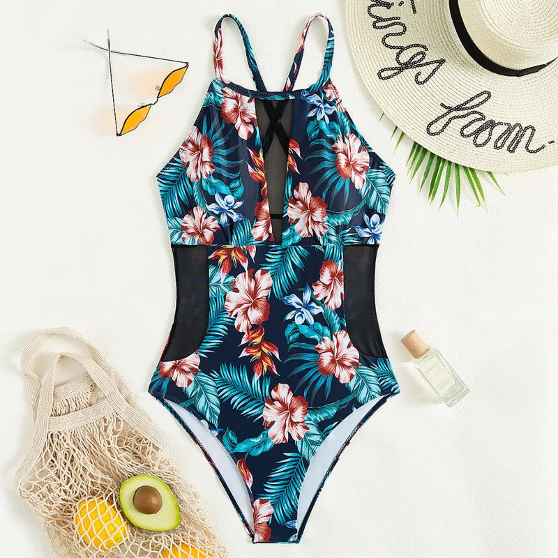Tropical Floral Print Mesh Panel One-piece Swimsuit on Luulla
