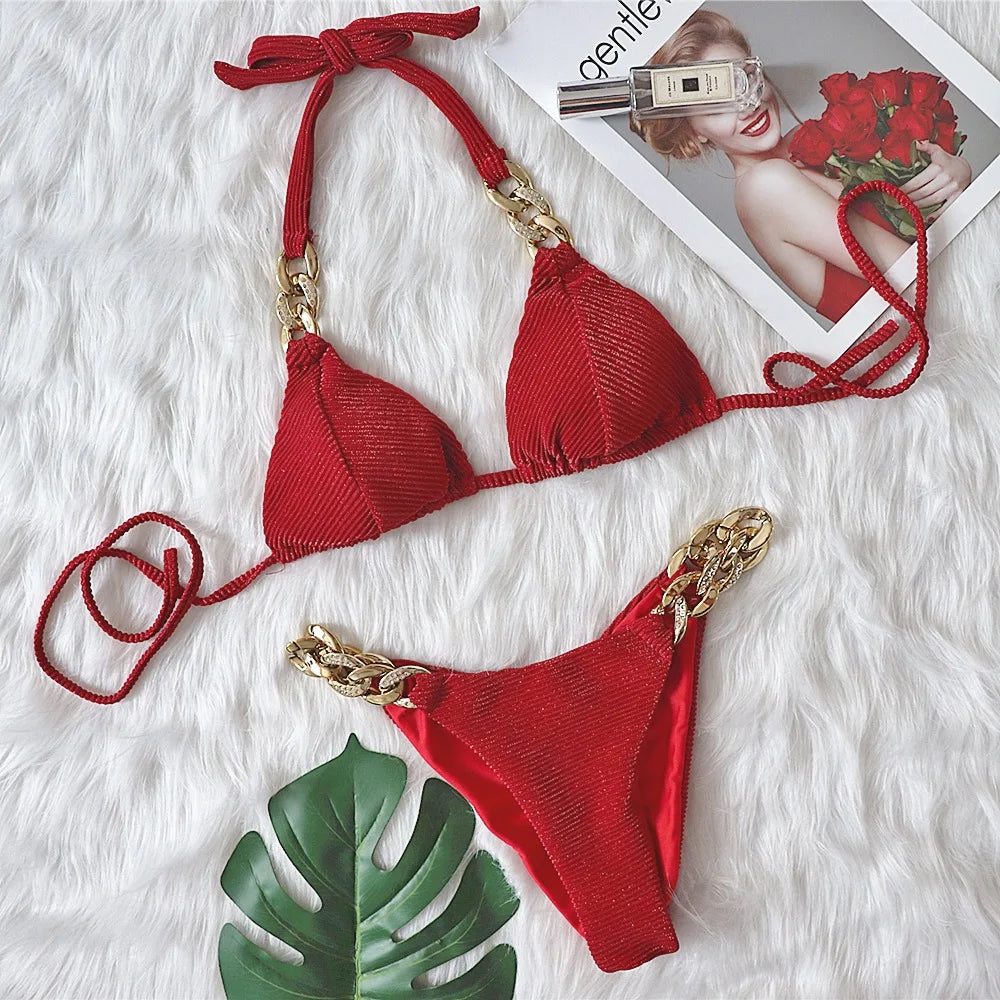 Red Ribbed Bikini Set With Gold Chain Accents on Luulla