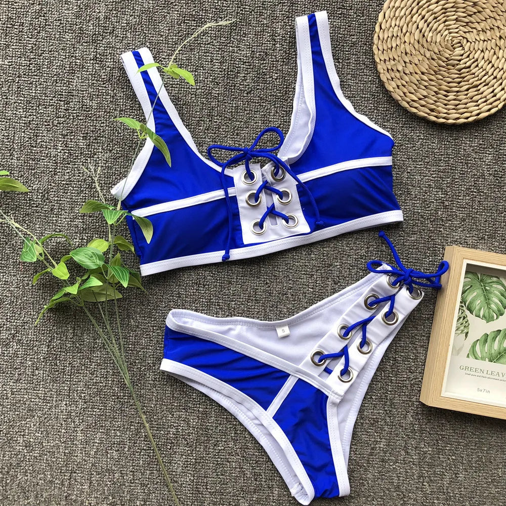 Womens Sporty Lace-up Blue Bikini Swimwear Set on Luulla