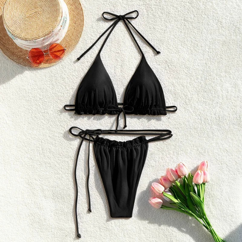 Womens Black Triangle Top String Bikini Swimsuit Set on Luulla